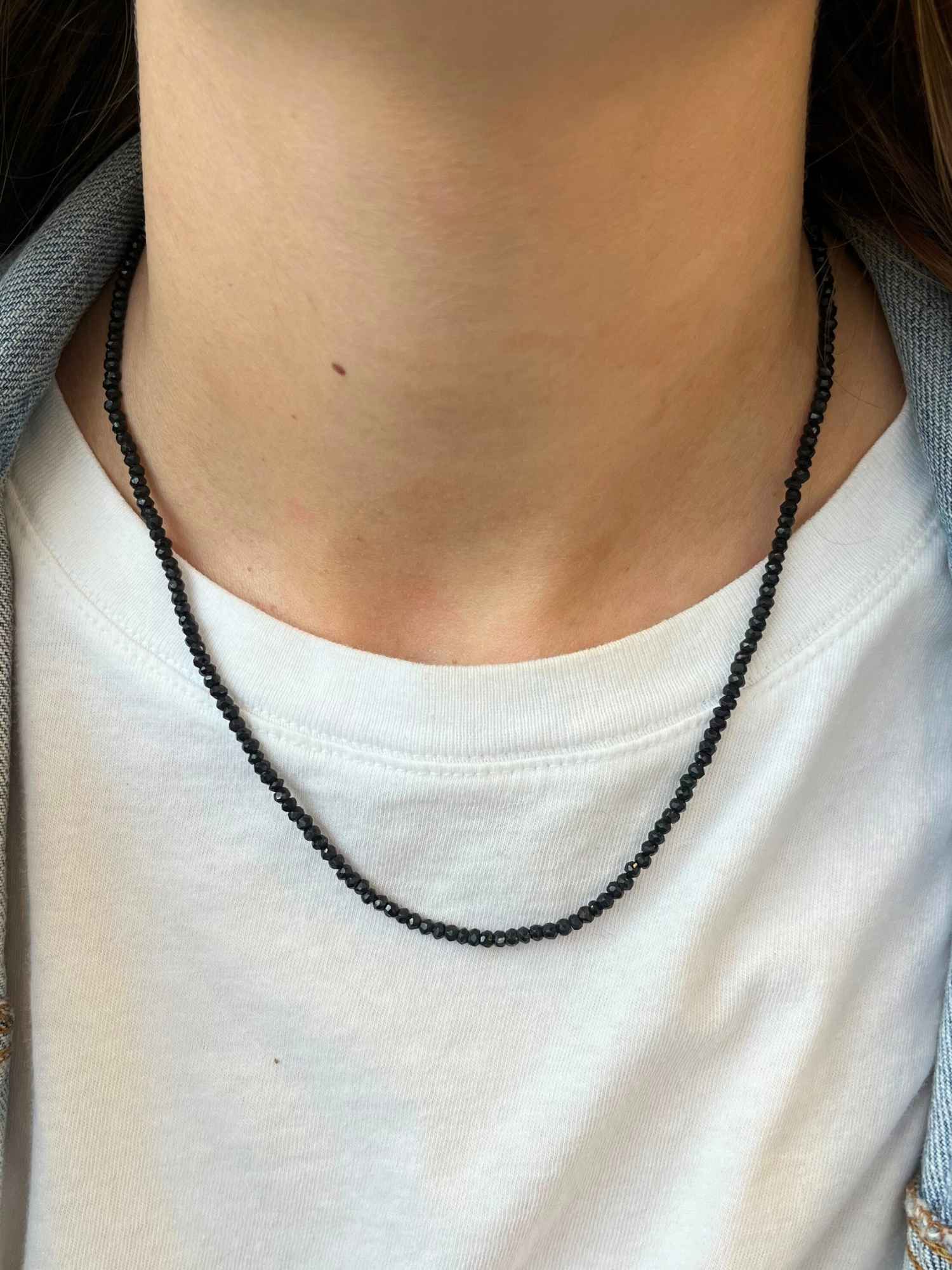 Black Spinel Dainty Beaded Necklace Sterling Silver Black Spinel